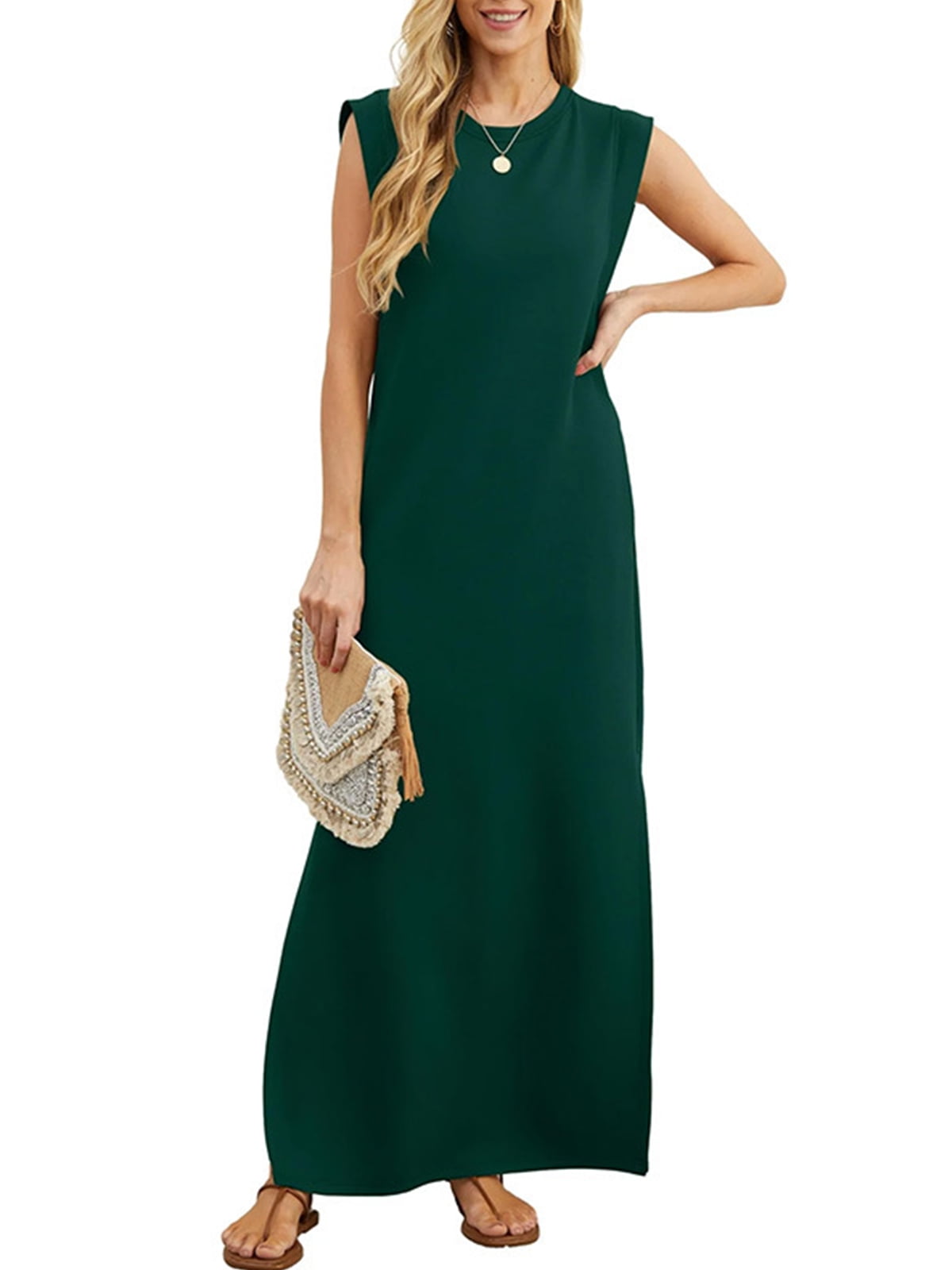 Mengpipi Casual Sleeveless Maxi Dress Elegant One-Sleeve Side Slit Long Dress with Pockets S-XXL ...