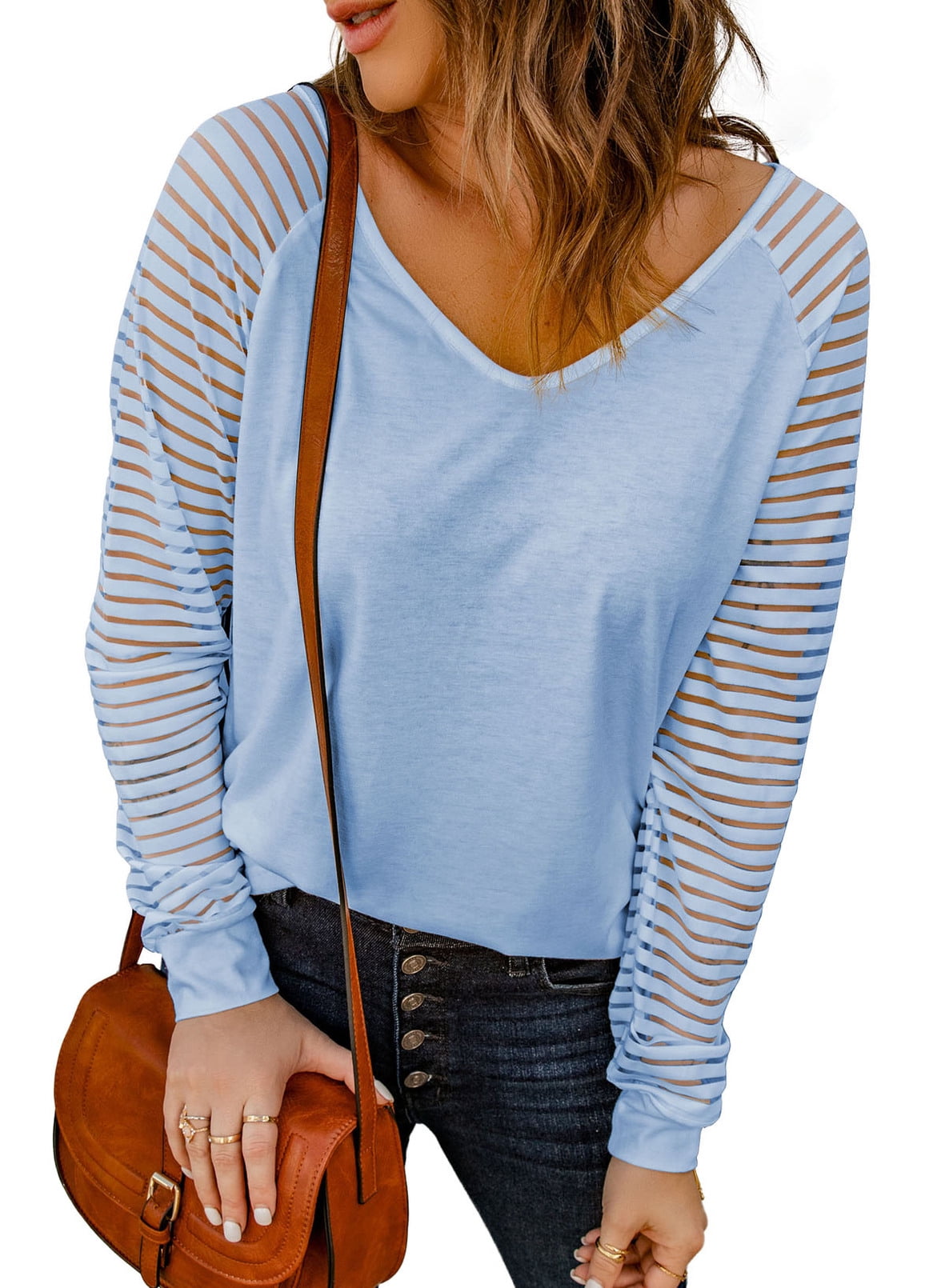 Mengpipi Long Sleeve Shirts for Women Striped Sheer Sleeve Tops Casual ...