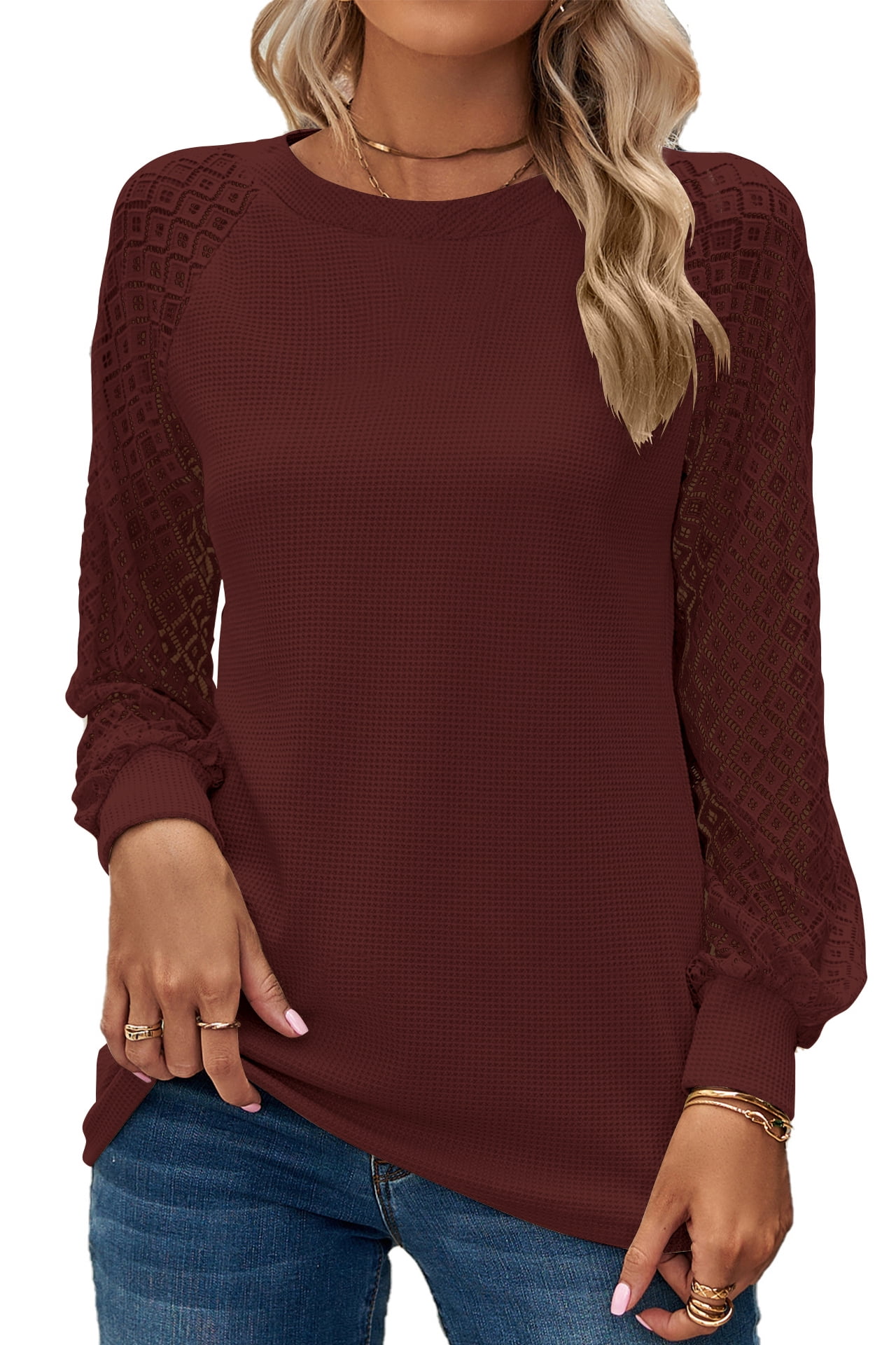 Mengpipi Women's Summer Long Sleeve Lace Waffle Knit Casual Blouse ...