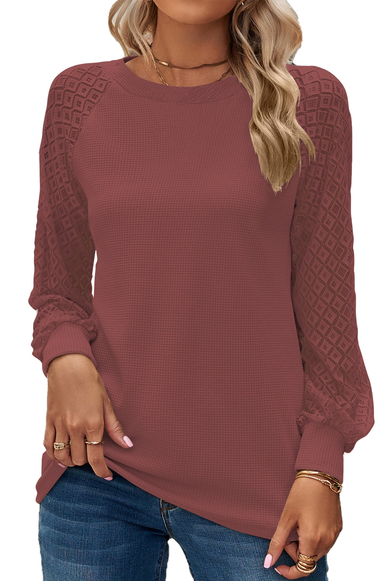 Mengpipi Women's Long Sleeve Blouse Lace Waffle Knit Loose Casual Tops ...