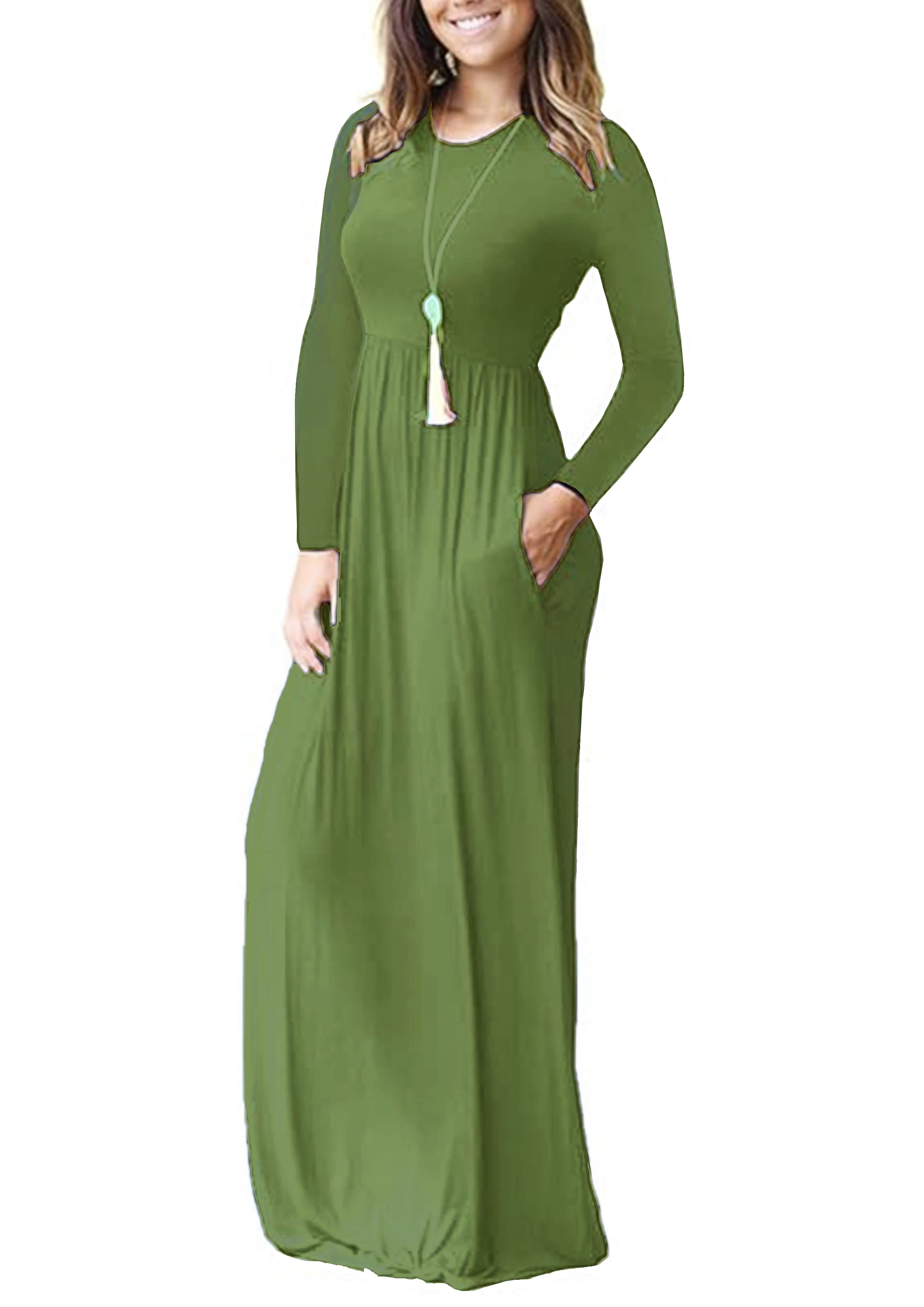 Mengpipi Women's Maxi Dresses Long Sleeve Casual Long Dresses Loose Plain with Pockets, Army ...