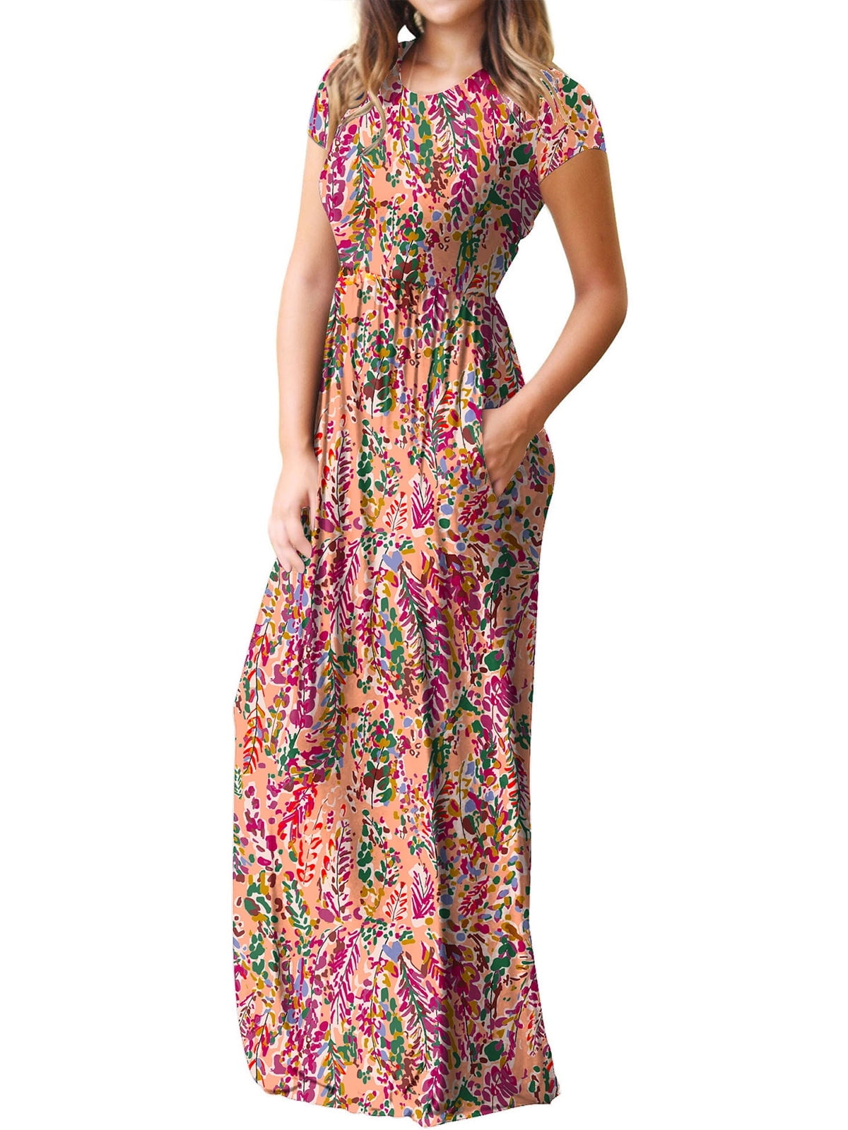 Mengpipi Women's Maxi Dresses Short Sleeve Long Casual Dresses Loose ...