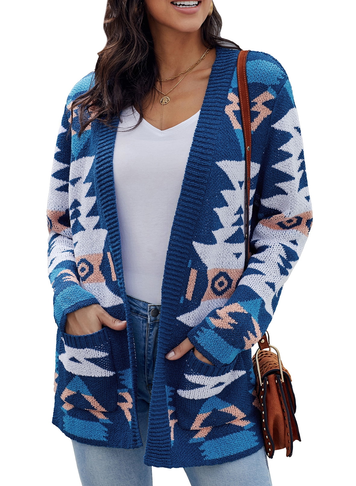 Mengpipi Women's Open Front Cardigan Boho Aztec Casual Long Sleeve Knit ...