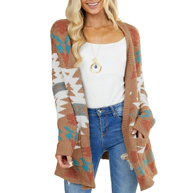 Mengpipi Women's Open Front Cardigan Boho Aztec Casual Long Sleeve Knit Sweaters Cardigan with ...