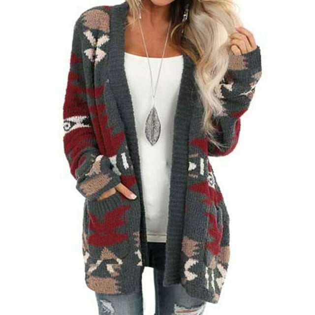Mengpipi Women's Open Front Cardigan Boho Aztec Casual Long Sleeve Knit Sweaters Cardigan with ...