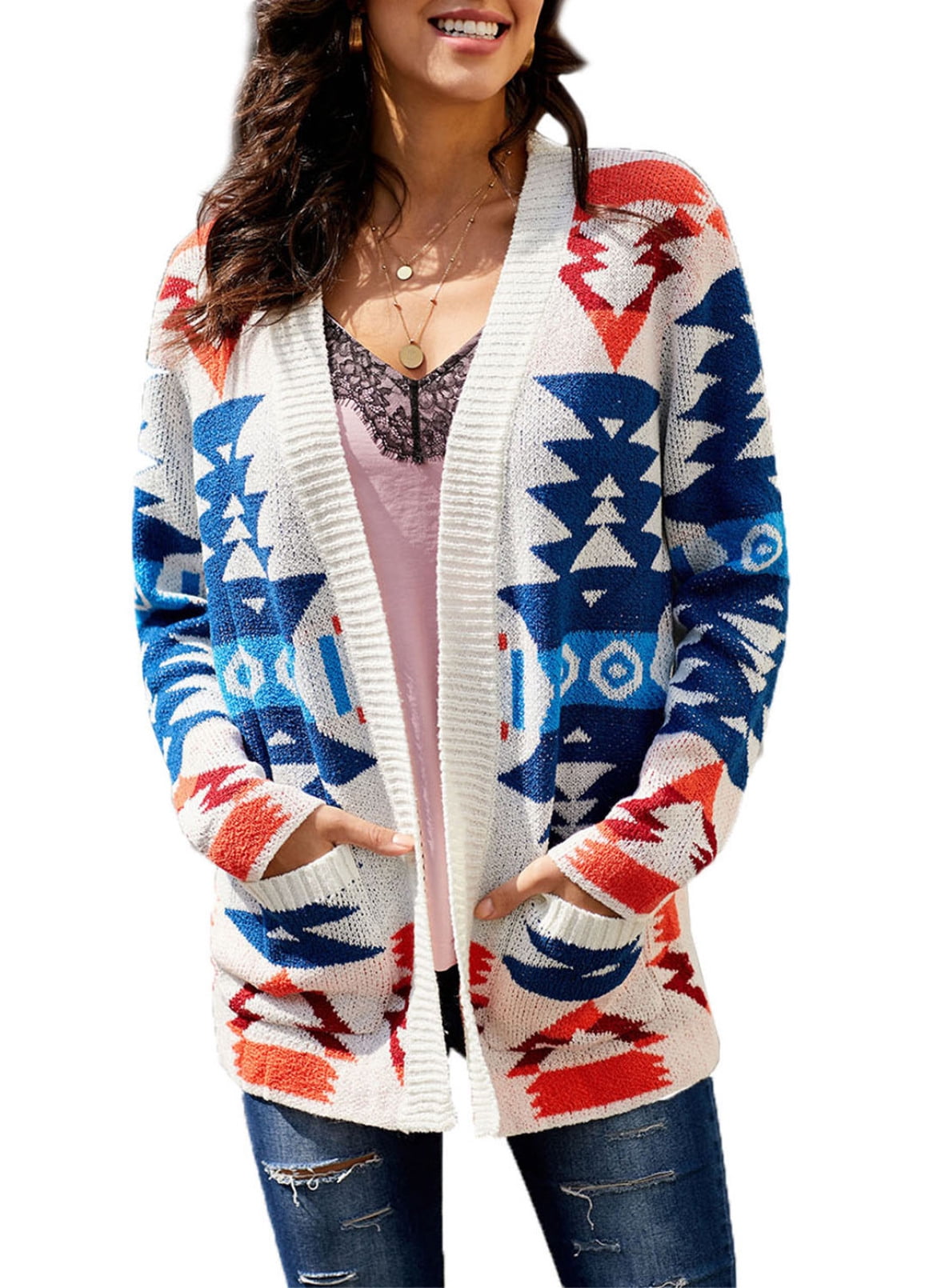 Mengpipi Womens Open Front Cardigan Boho Aztec Casual Long Sleeve Knit