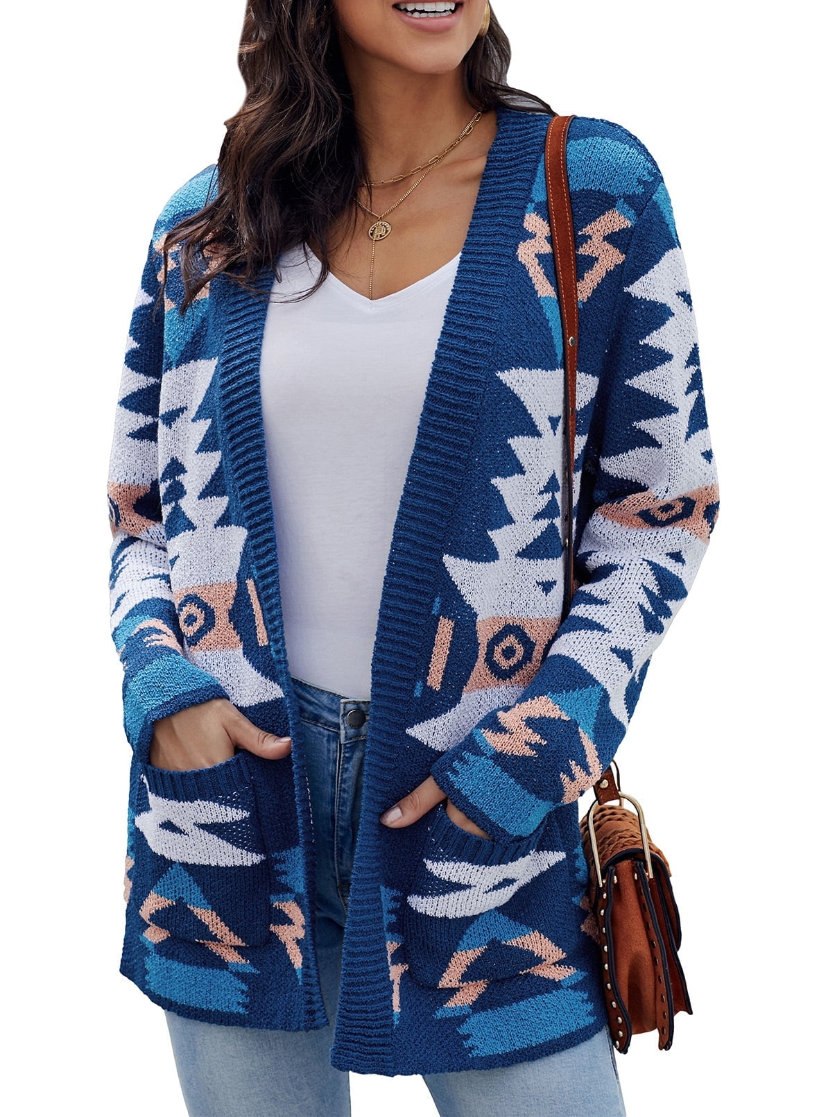 Mengpipi Women's Open Front Cardigan Boho Aztec Casual Long Sleeve Knit Sweaters Cardigan with ...