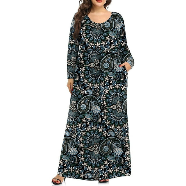 Mengpipi Womens Plus Size Casual Long Sleeve Dress Crewneck Loose Maxi
