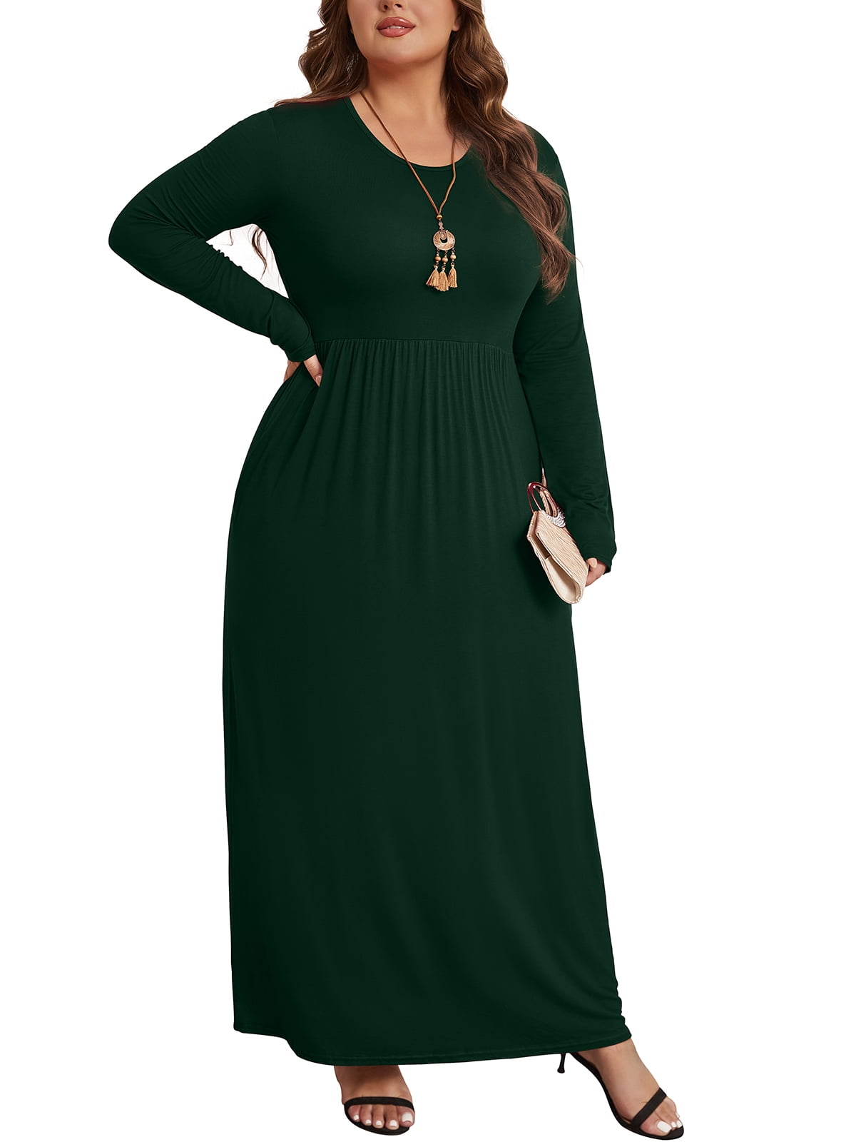 Mengpipi Women's Plus Size Casual Long Sleeve Dress Crewneck Loose Maxi ...