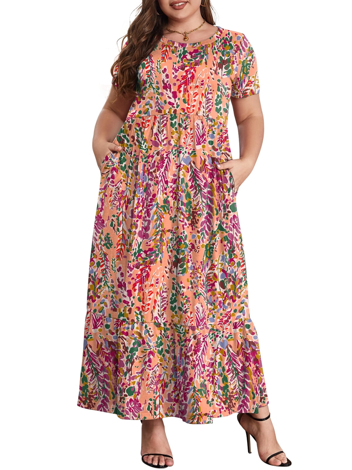 Mengpipi Women's Plus Size Casual Short Sleeve Crewneck Dress Flowy ...