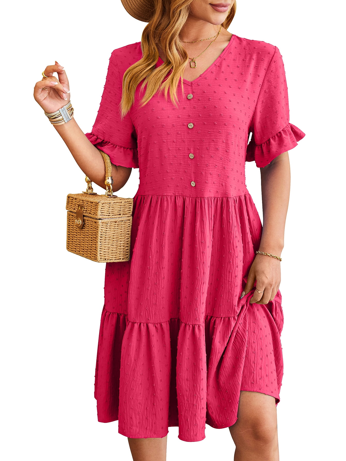 Mengpipi Womens Dresses Boho Ruffle Sleeve V-Neck Button Down Tiered ...