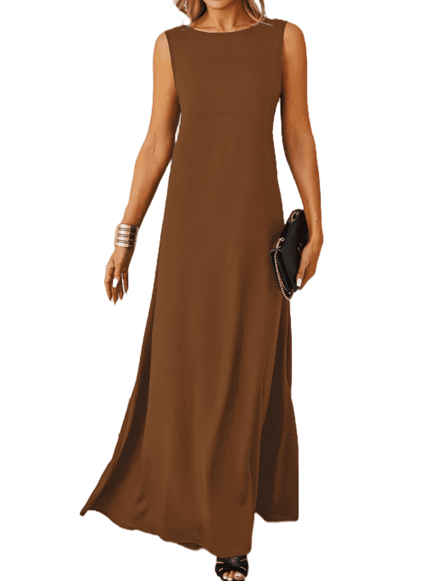 Mengpipi Womens Dresses Sleeveless Elegant Crew Neck A-Line Maxi ...