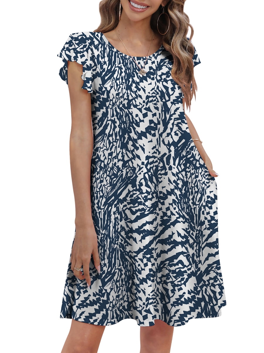 Mengpipi Womens Summer Floral Casual Ruffle Sleeve Swing Beach Sundress ...