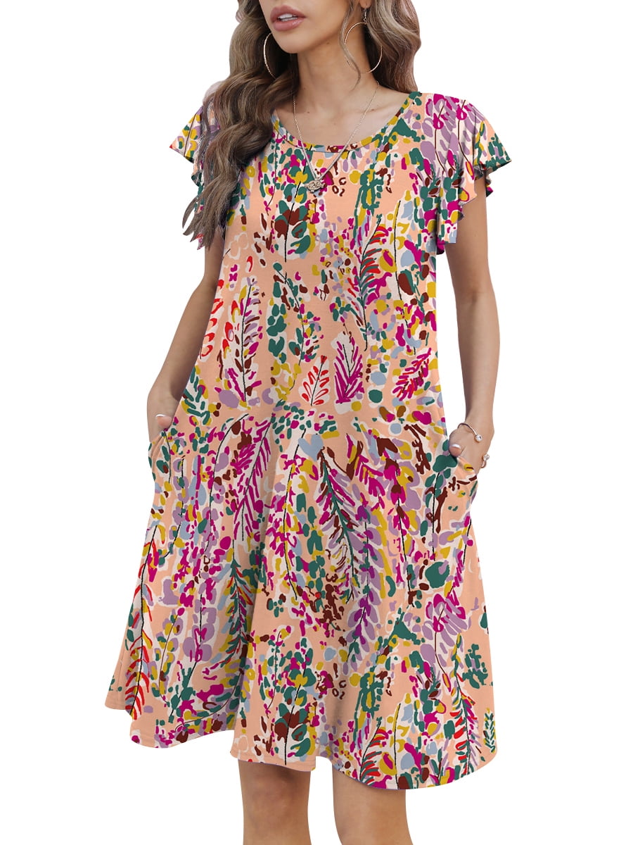 Mengpipi Womens Floral Casual Summer Dress, Ruffle Sleeve, Pockets ...