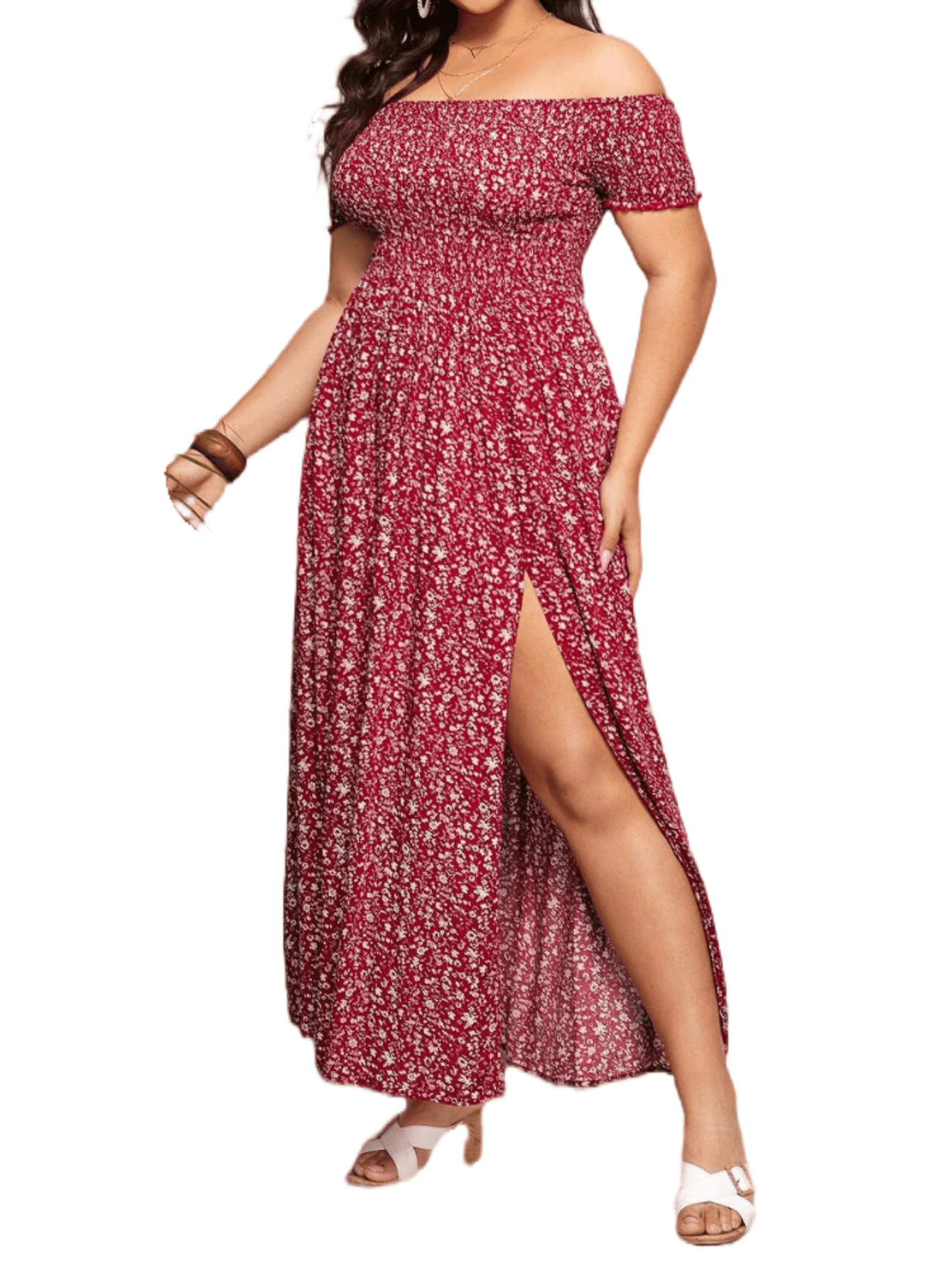 Mengpipi Womens Plus Size Dress Off-Shoulder Split Hem Plus Size Maxi ...