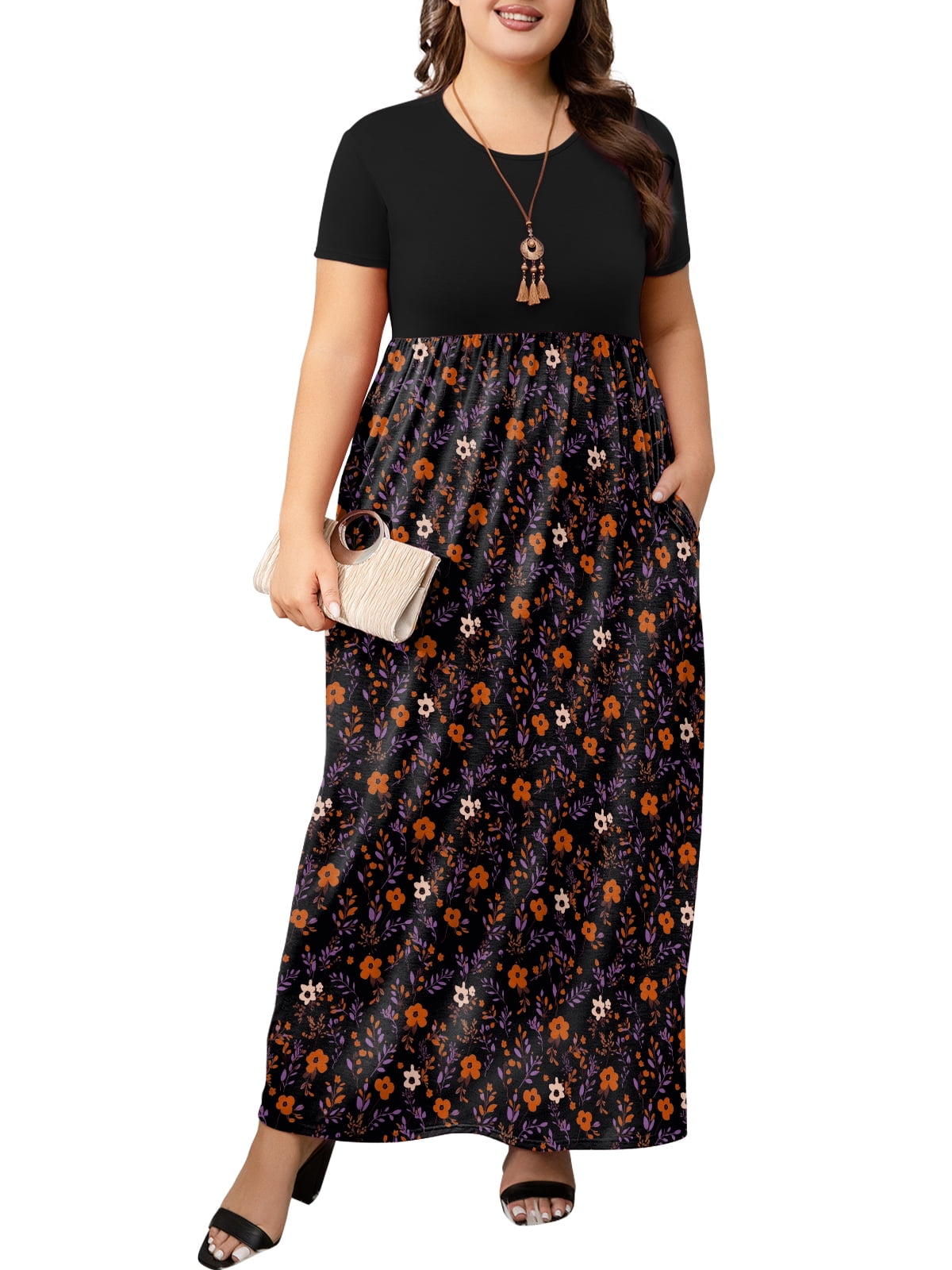 Mengpipi Womens Plus Size Floral Maxi Dress Short Sleeve High Waist ...