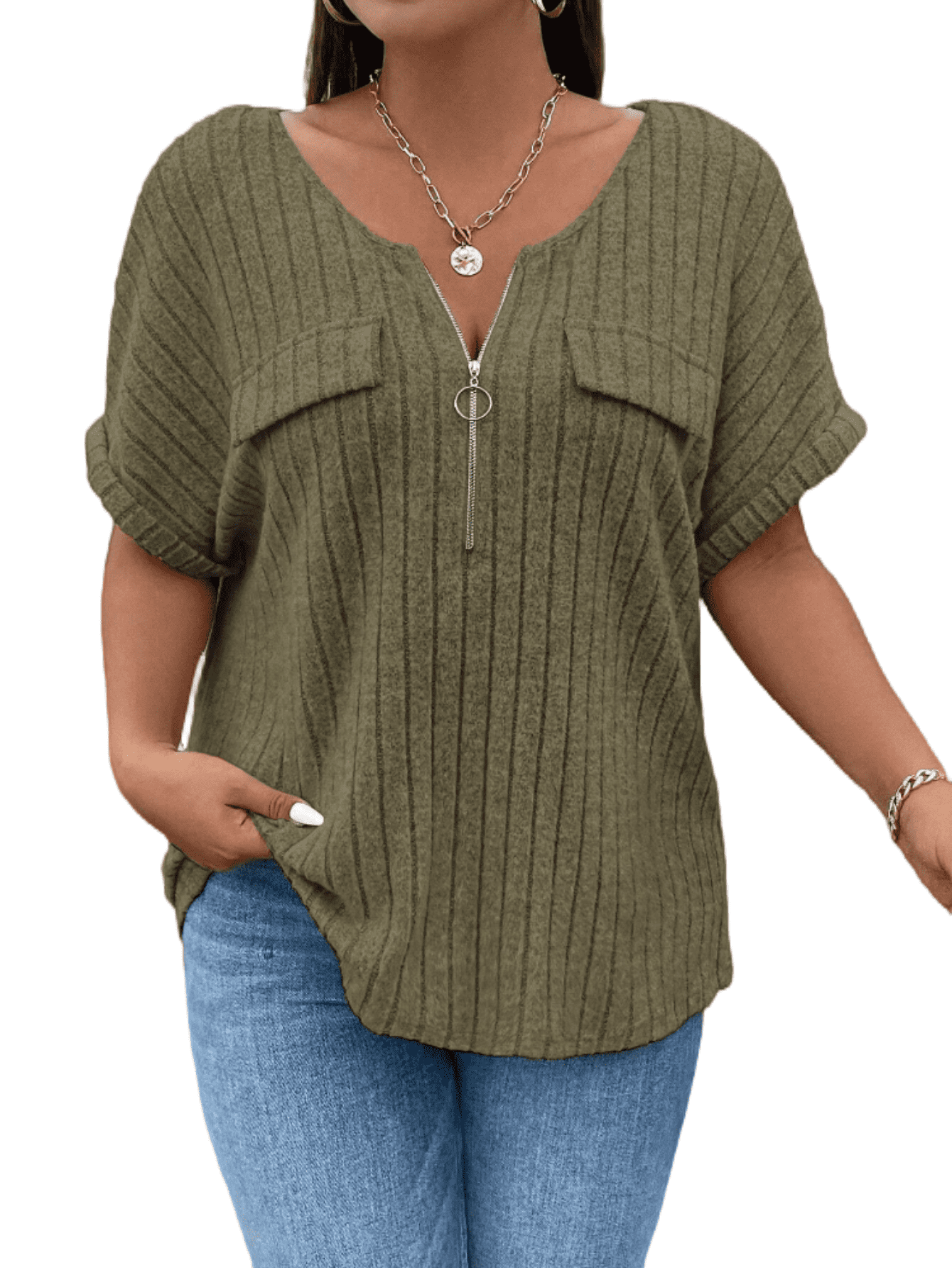 Mengpipi Womens Plus Size Tops Ribbed Knit Zipper Rolled-Up Sleeves ...