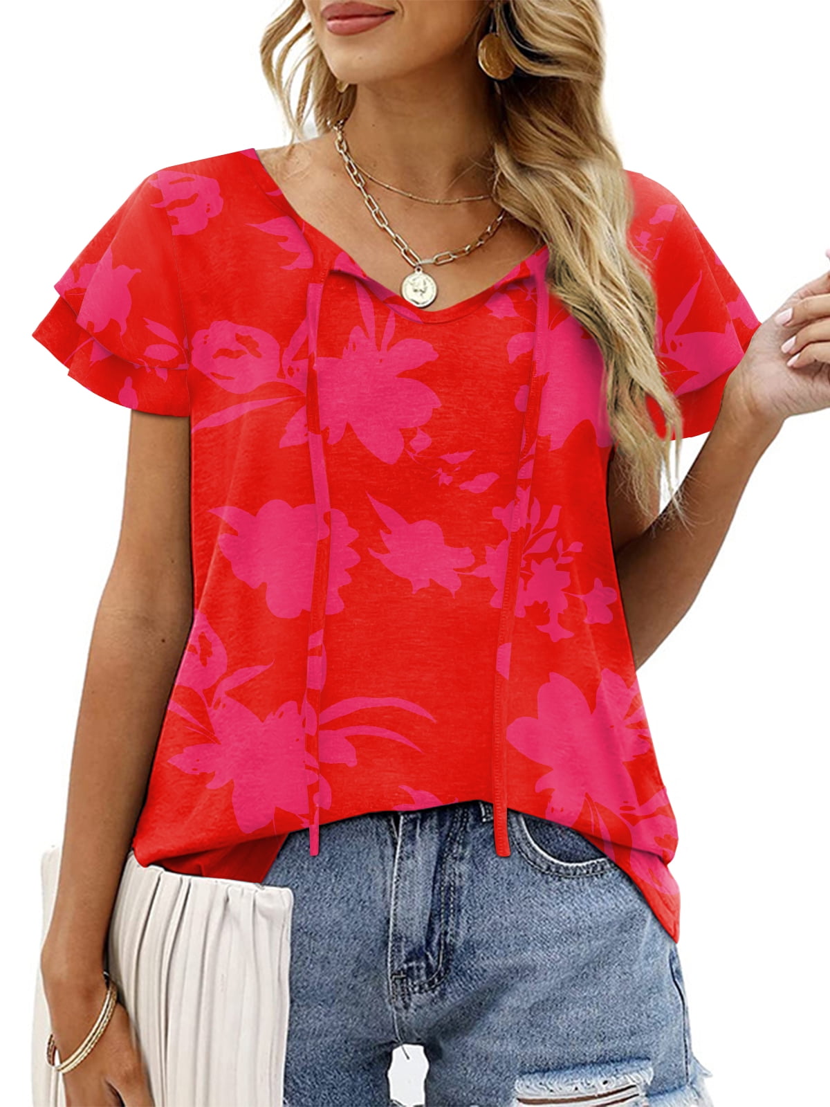 Mengpipi Womens Plus Size Tops Ruffle Sleeve Lace-Up V-Neck Shirts ...