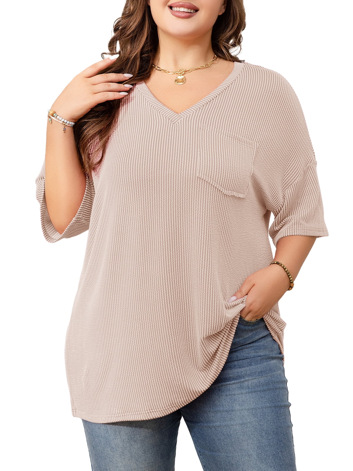 Mengpipi Womens Plus Size V-Neck Ribbed Knit Top Casual Loose Fit Half ...
