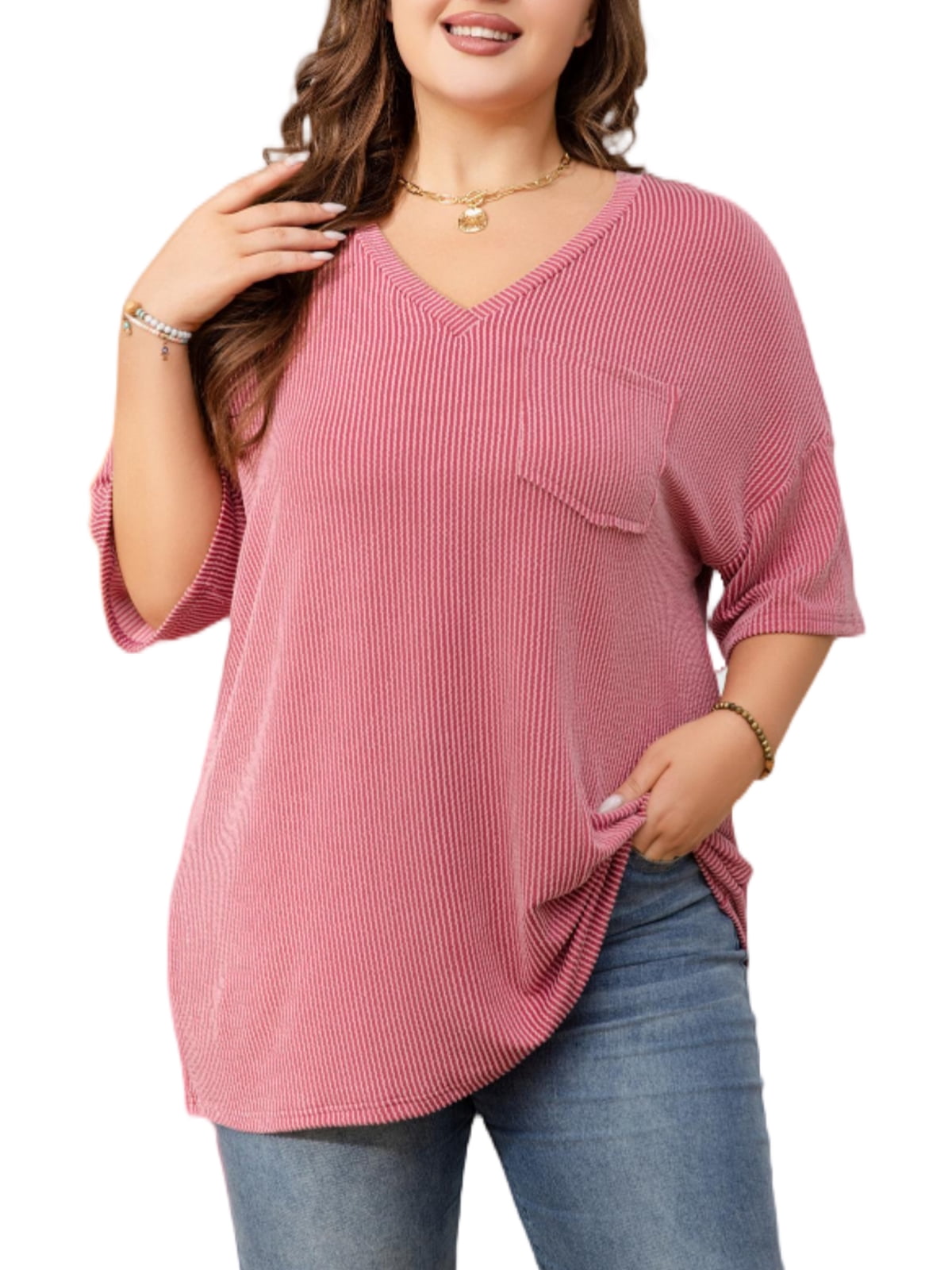Mengpipi Womens Plus Size V-Neck Ribbed Knit Top Casual Loose Fit Half ...