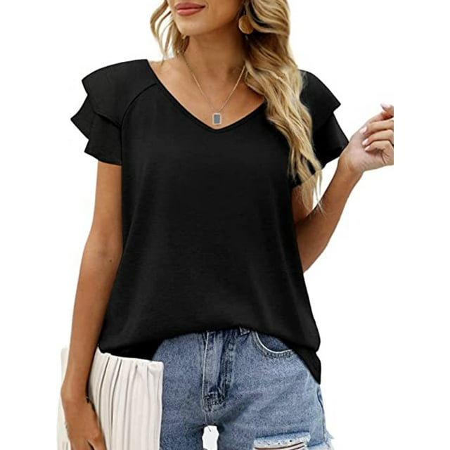 Mengpipi Womens Tops Summer Double Ruffle Short Sleeve V Neck Casual