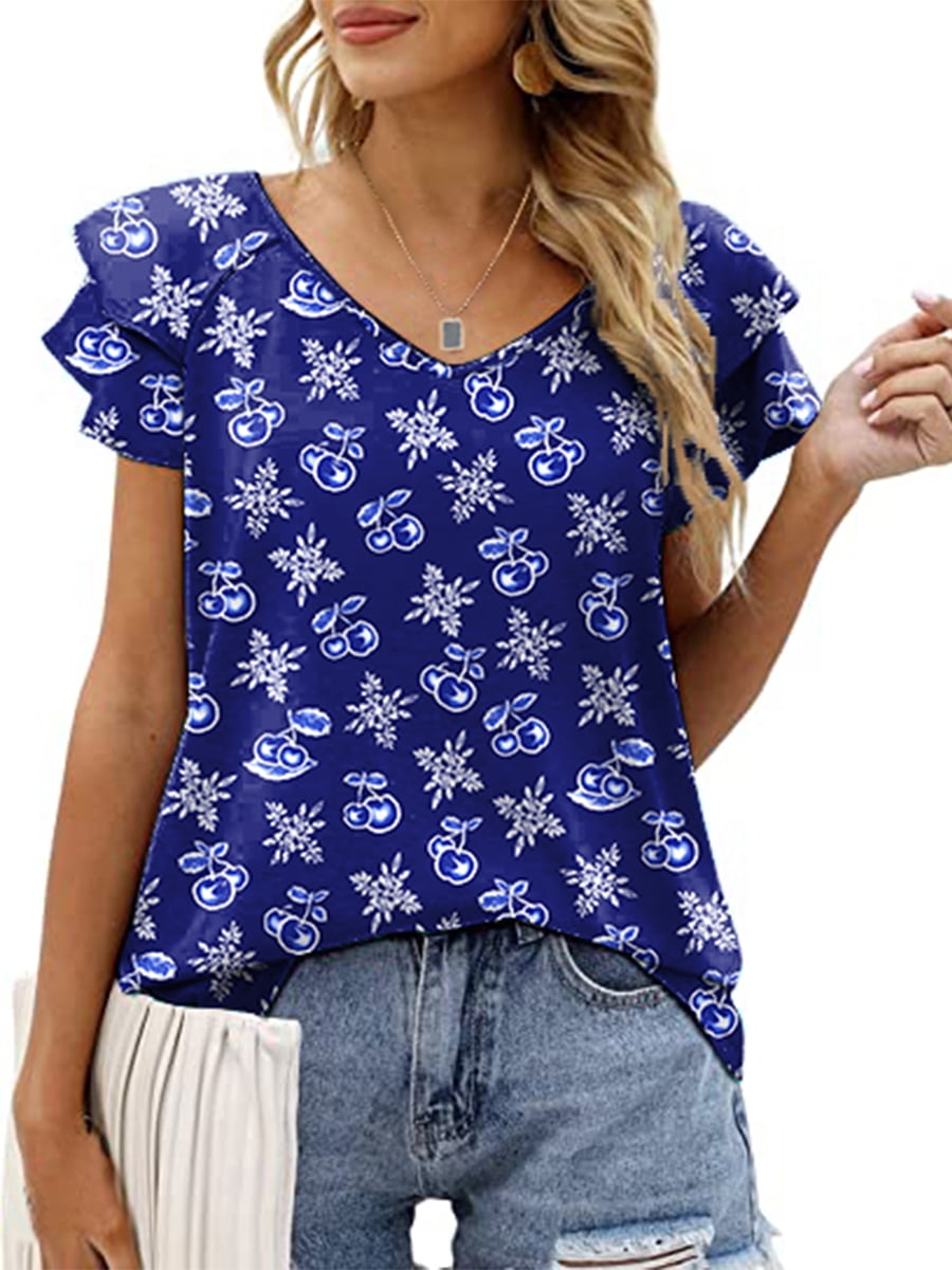 Mengpipi Women's Double Ruffle V-Neck Summer Tops, Short Sleeve Casual ...