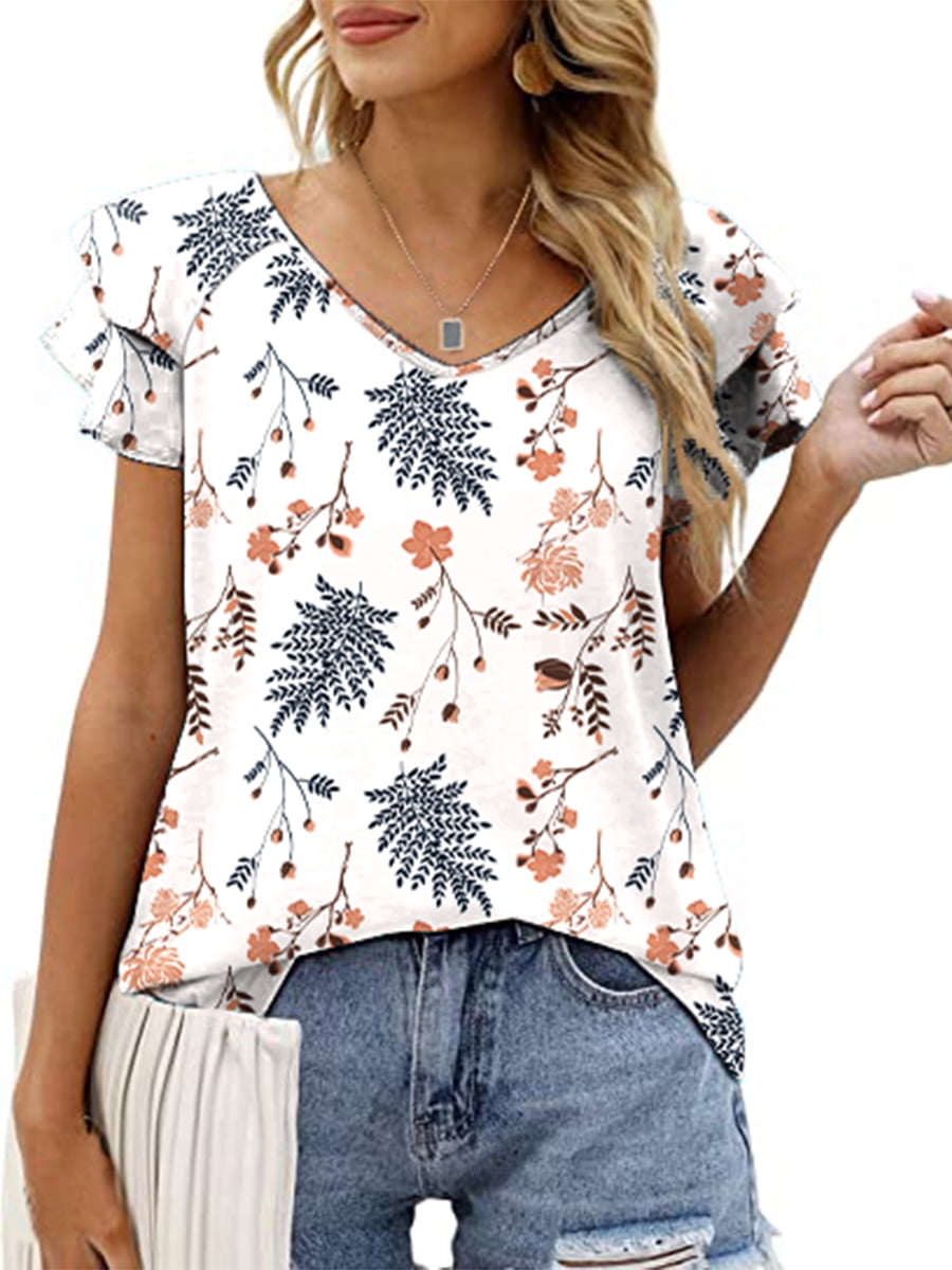 Mengpipi Womens V-Neck Tops, Double Ruffle Short Sleeve, Casual Summer ...