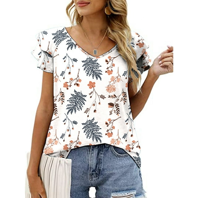 Mengpipi Double Ruffle Casual Tops for Women, V-Neck Short Sleeve ... Mengpipi Double Ruffle Casual Tops for Women, V-Neck Short Sleeve ...