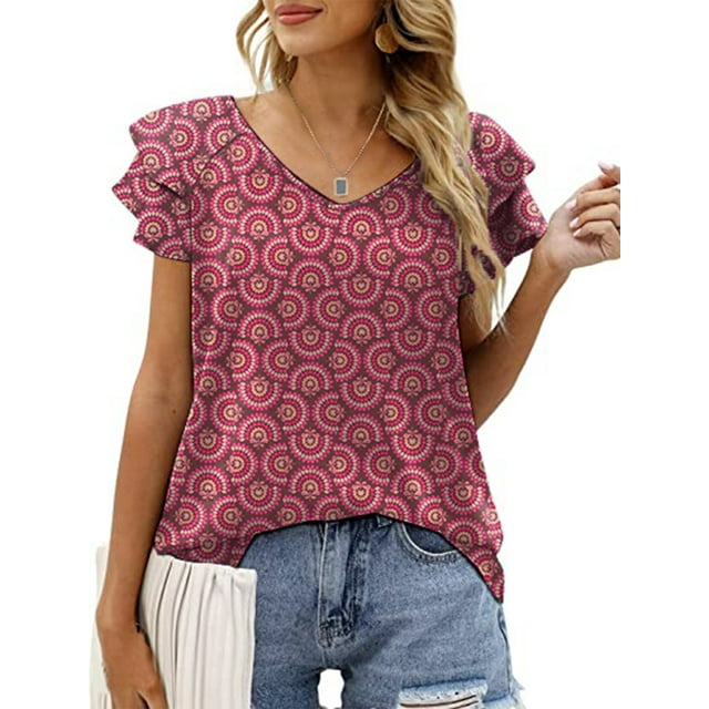 Mengpipi Womens Tops Summer Double Ruffle Short Sleeve V Neck Casual