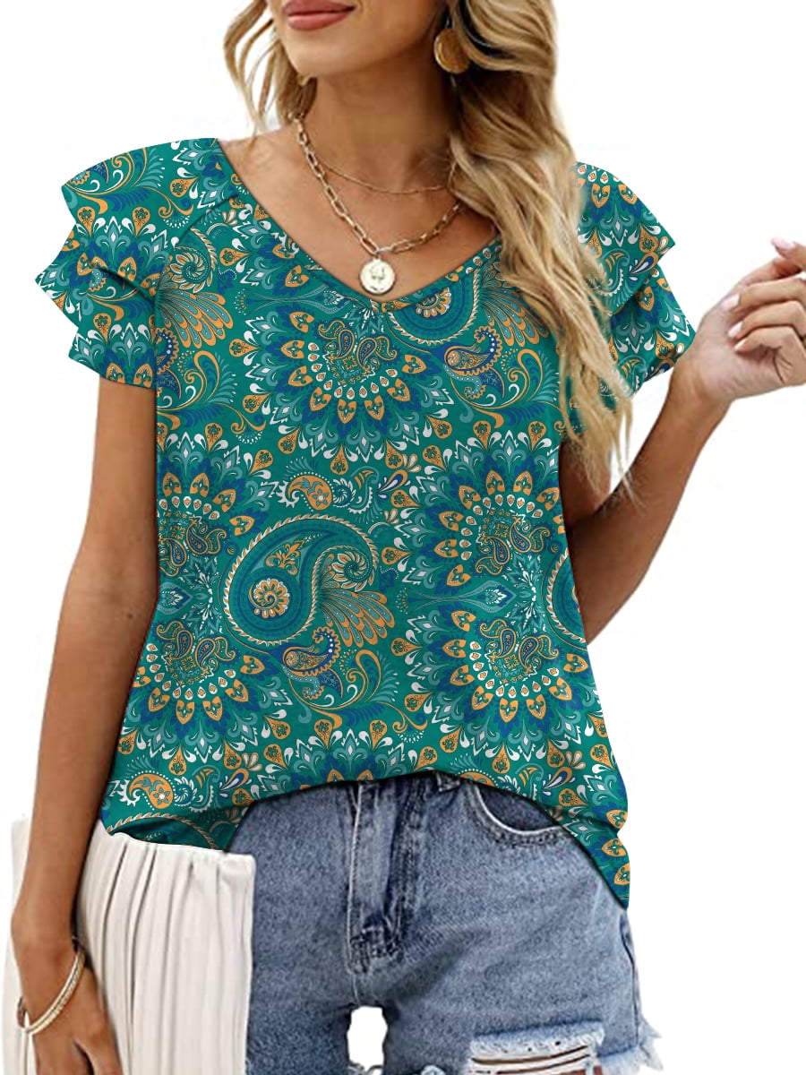 Mengpipi Trendy Women's V-Neck Double Ruffle Short Sleeve Tops, Casual ...