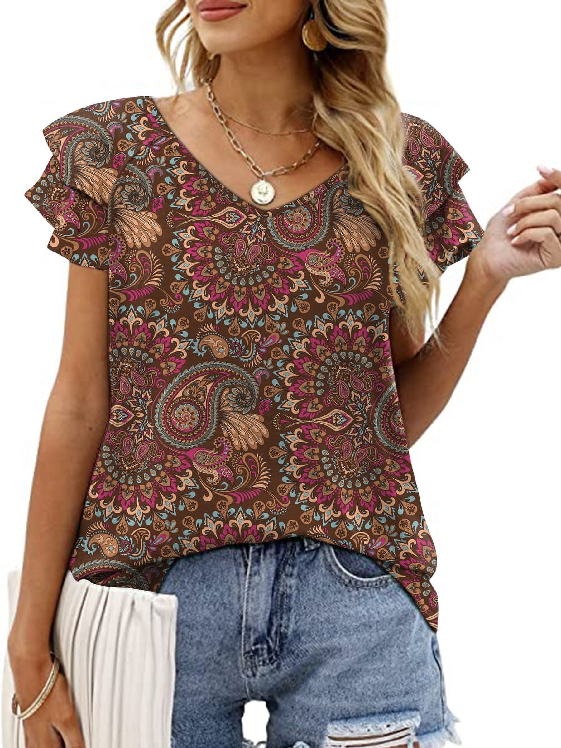 Mengpipi Summer Tops, Double Ruffle Short Sleeve, V-Neck, Size M (US 8 ...