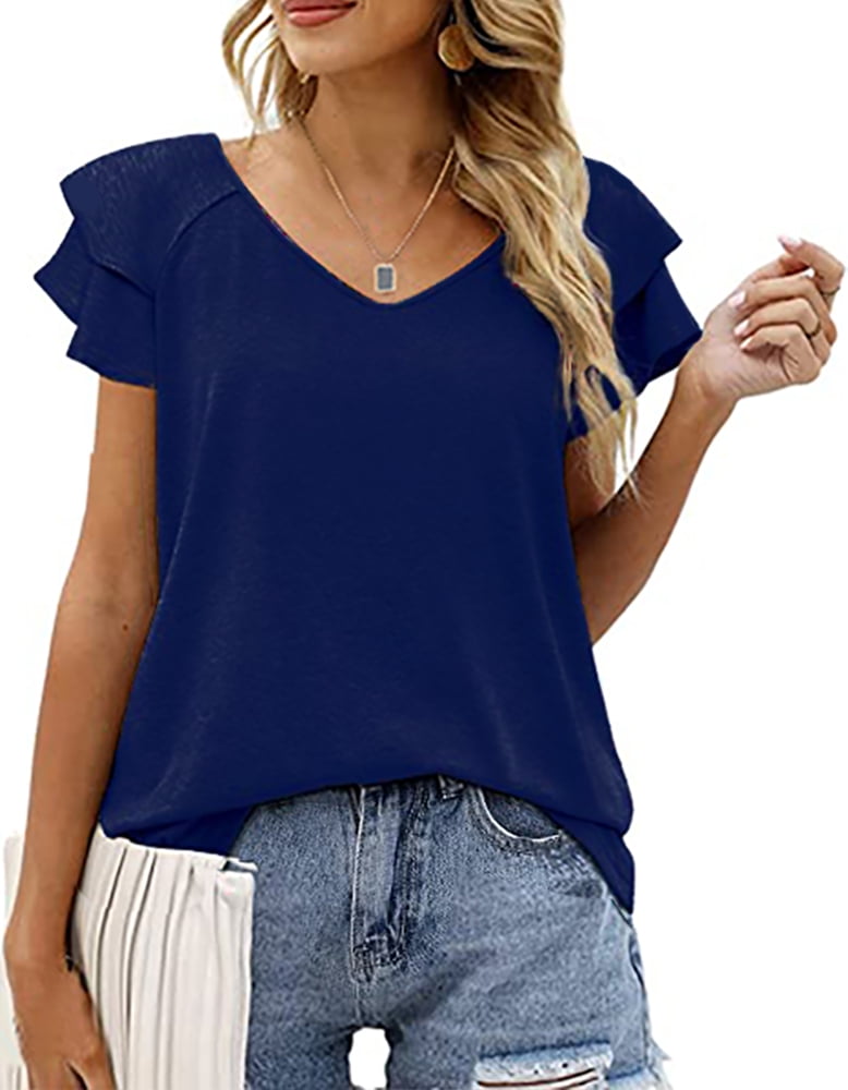 Mengpipi Women's V-Neck Double Ruffle Short Sleeve Tops, Casual Summer ...