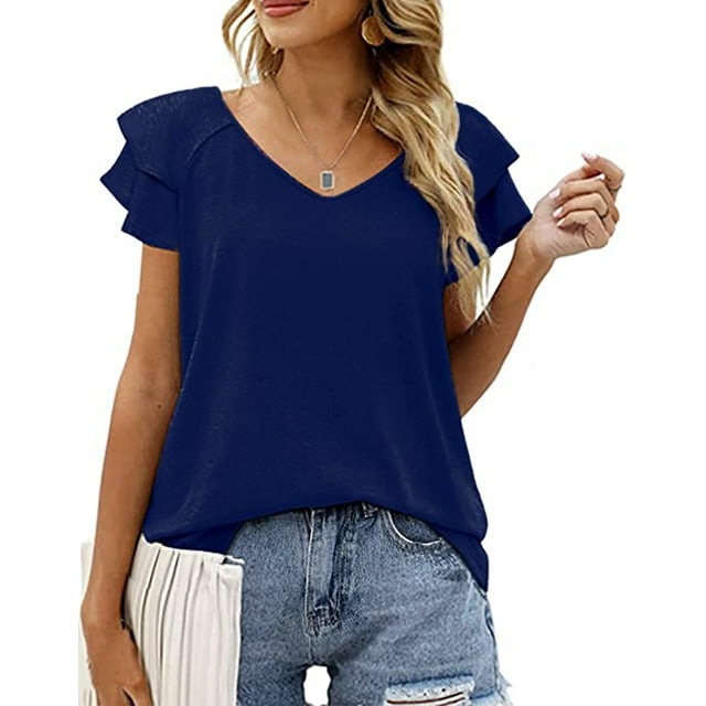Mengpipi Women's V-Neck Double Ruffle Short Sleeve Tops, Casual Summer ...