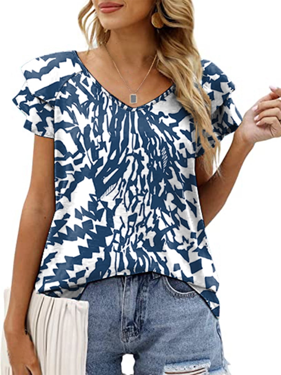 Mengpipi Womens V-Neck Double Ruffle Tops, Summer 2023, Casual Blouse ...