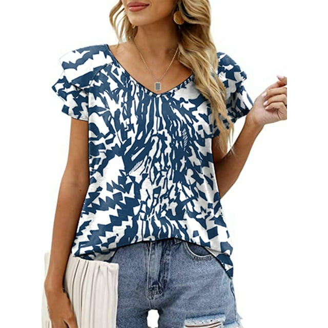 Mengpipi Womens Tops Summer Double Ruffle Short Sleeve V Neck Casual