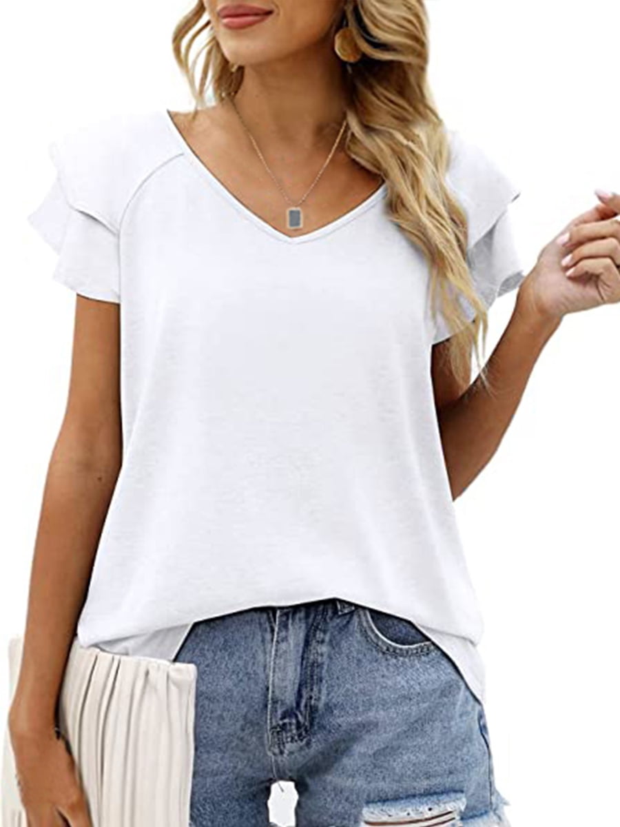 Mengpipi Women's V-Neck Double Ruffle Short Sleeve Casual Summer Tops ...