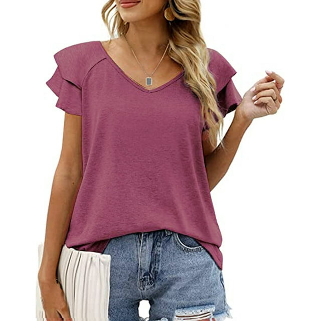 Mengpipi Women's Summer Tops, Double Ruffle Short Sleeve V-Neck Casual ... Mengpipi Women's Summer Tops, Double Ruffle Short Sleeve V-Neck Casual ...