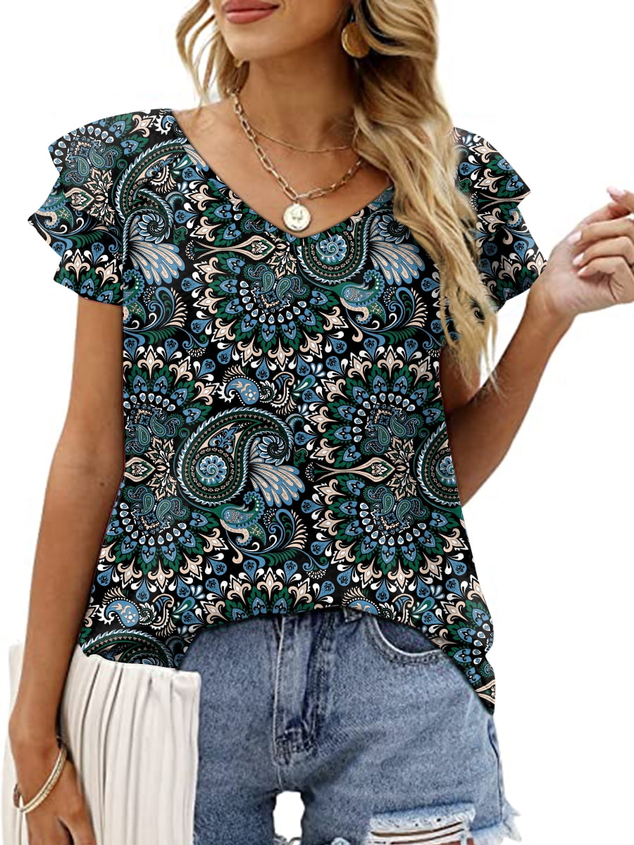 Mengpipi Women's V-Neck Tops, Double Ruffle Short Sleeves, Casual ...