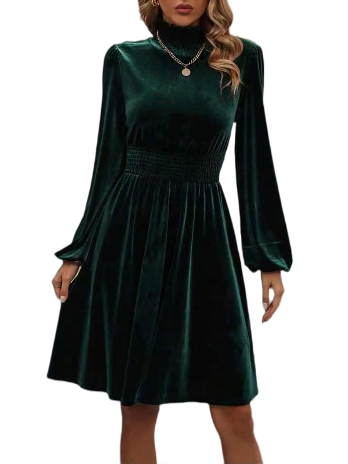 Mengpipi Womens Velvet Dresses Long Sleeve Mock Neck Wedding Guest Fall ...