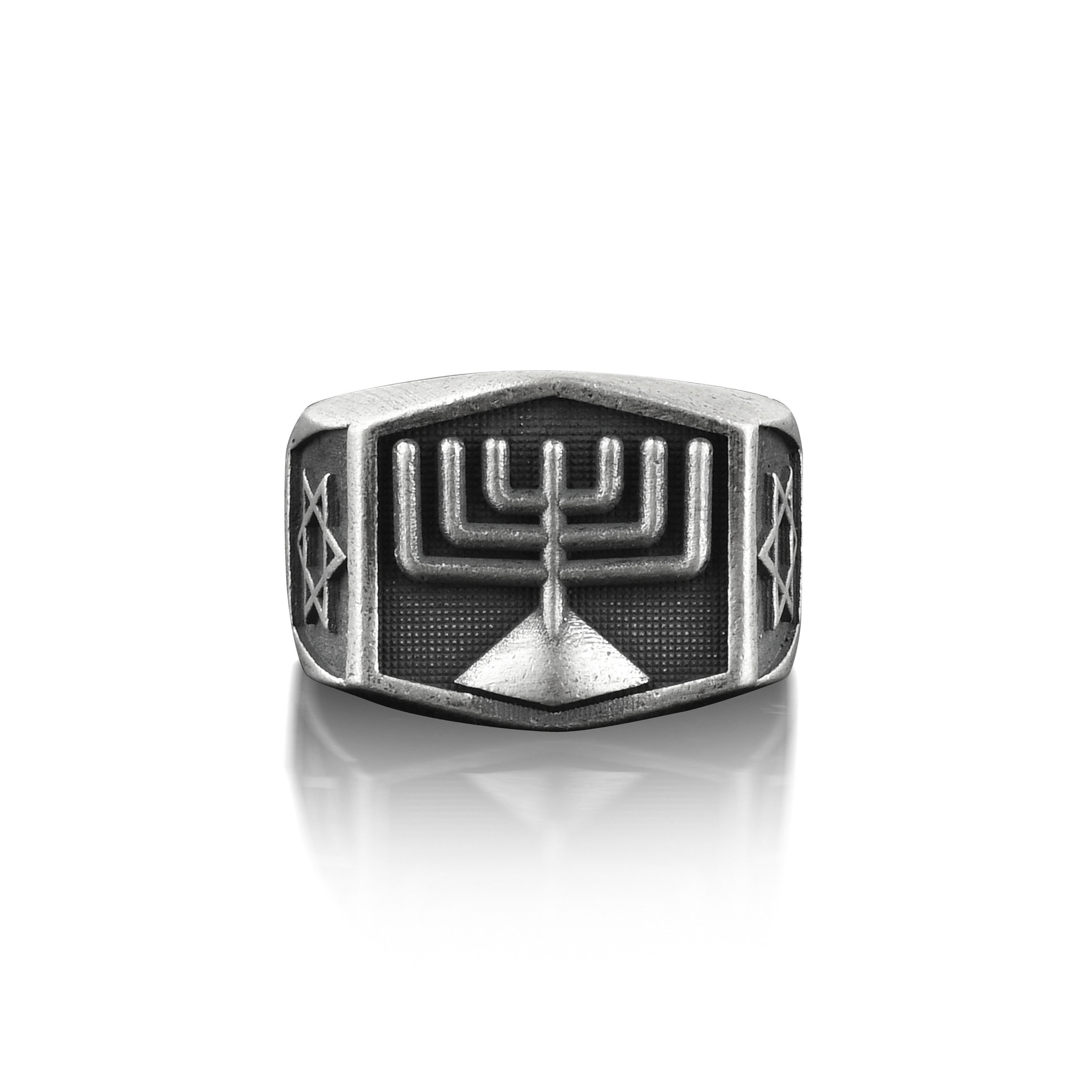 Menorah Jewish Pinky Signet Ring Men, Star Of David Ring in Oxidized ...