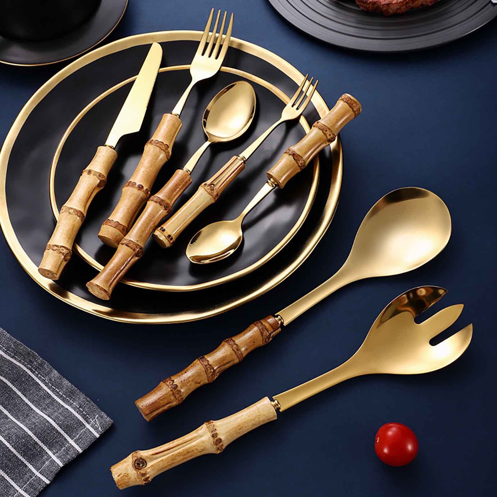 Menrkoo Natural Bamboos Handle Stainless Steel Tableware Dessert Salad ...