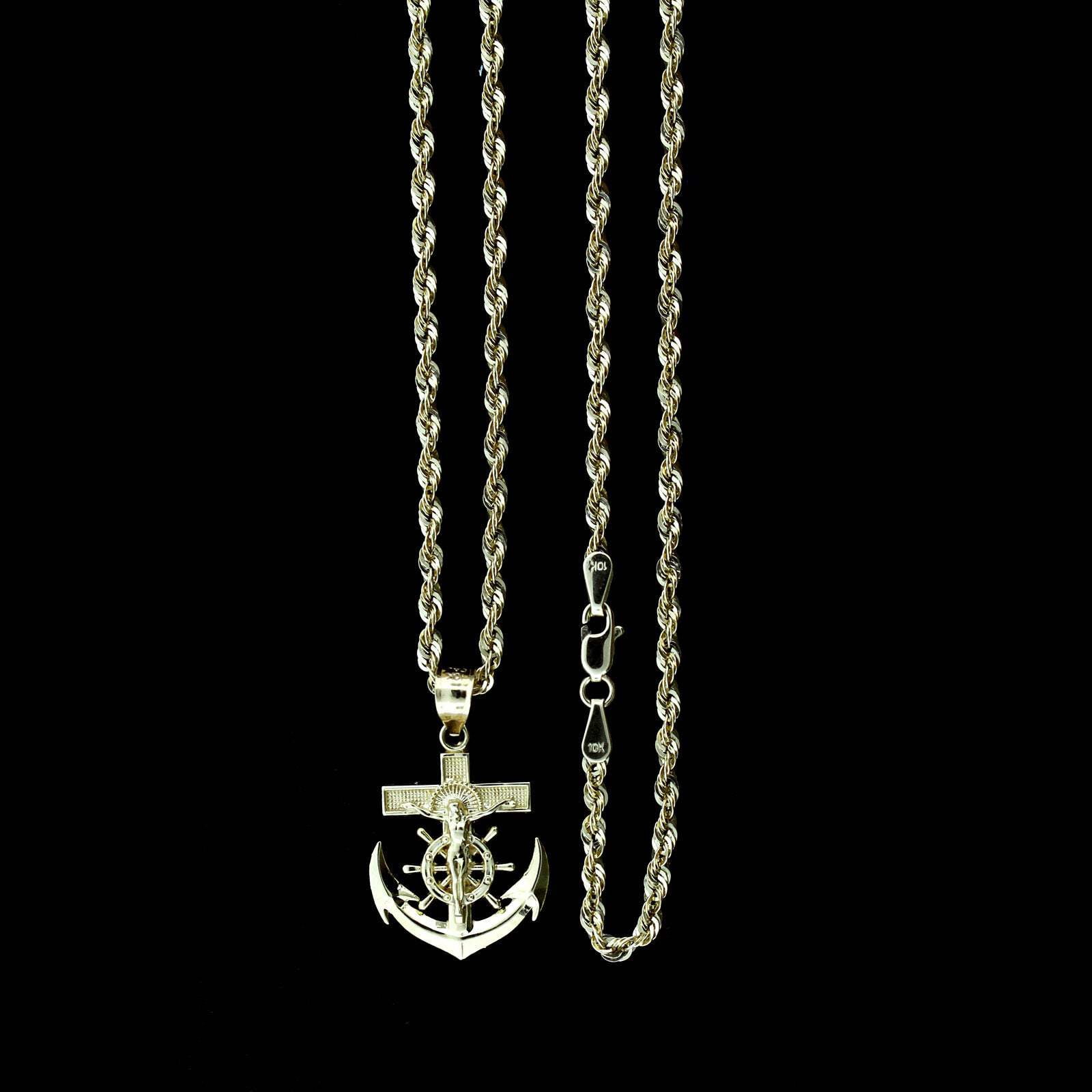 Mens 10K Gold Jesus Anchor Cross Charm Pendant With 2.5mm Rope Chain ...