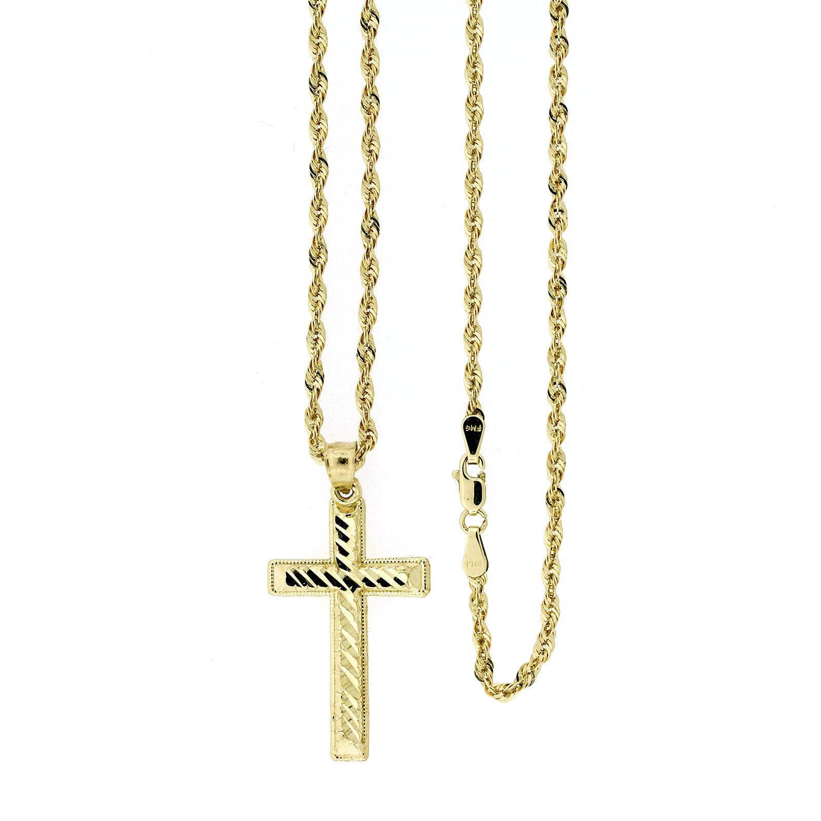 Mens 10K Yellow Gold Jesus Cross Charm Pendant Nugget & 2.5mm Rope ...