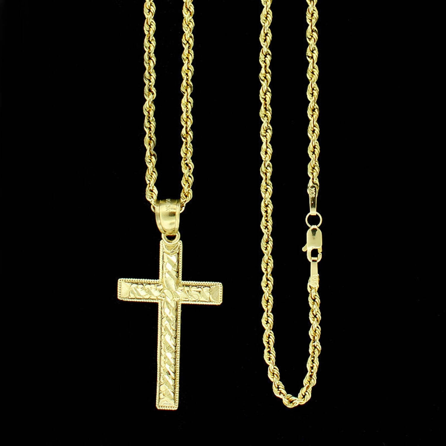 Mens 10K Yellow Gold Jesus Cross Charm Pendant Nugget & 2.5mm Rope ...