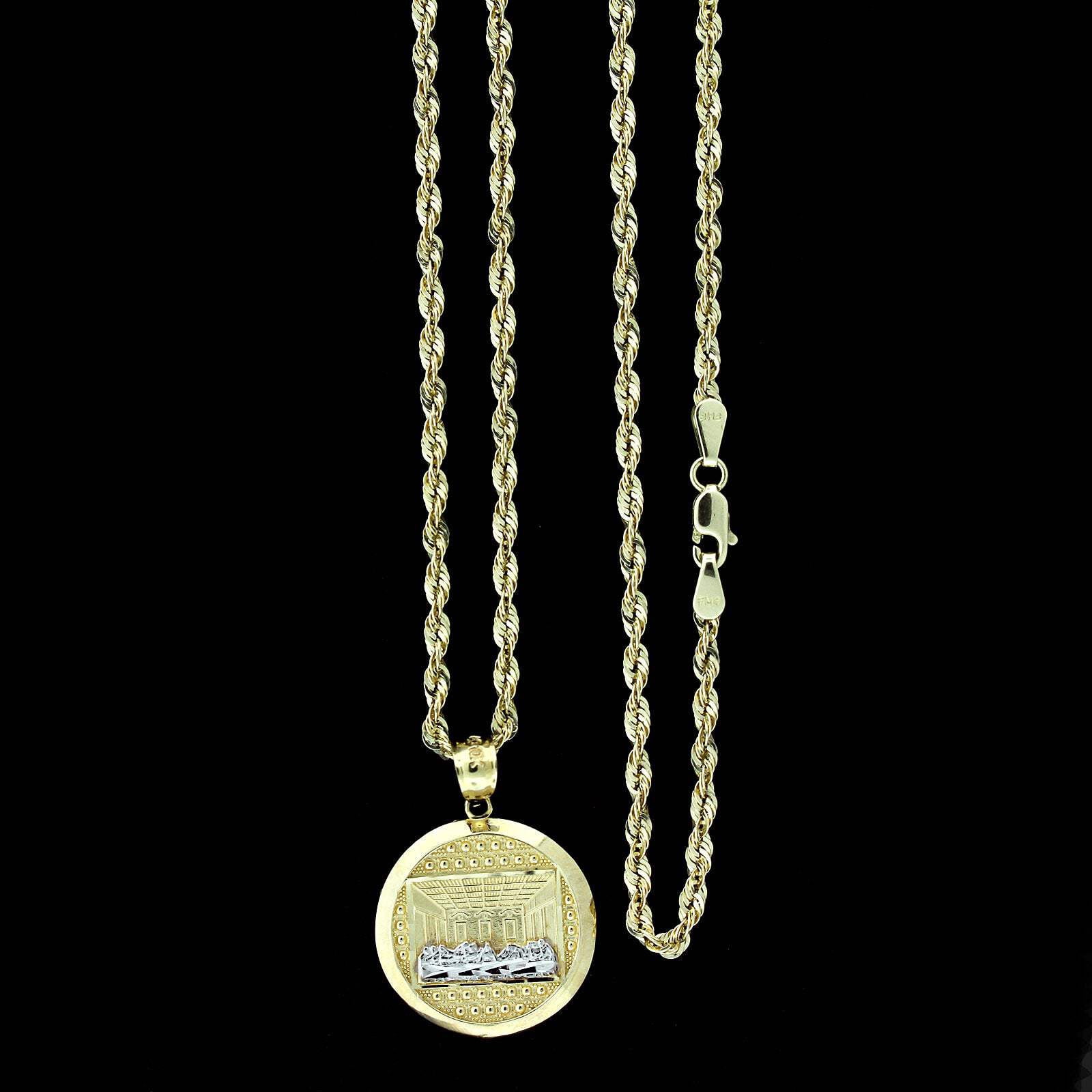 Mens 10K Yellow Gold Last Supper Jesus Charm Pendant & 2.5mm Rope Chain ...