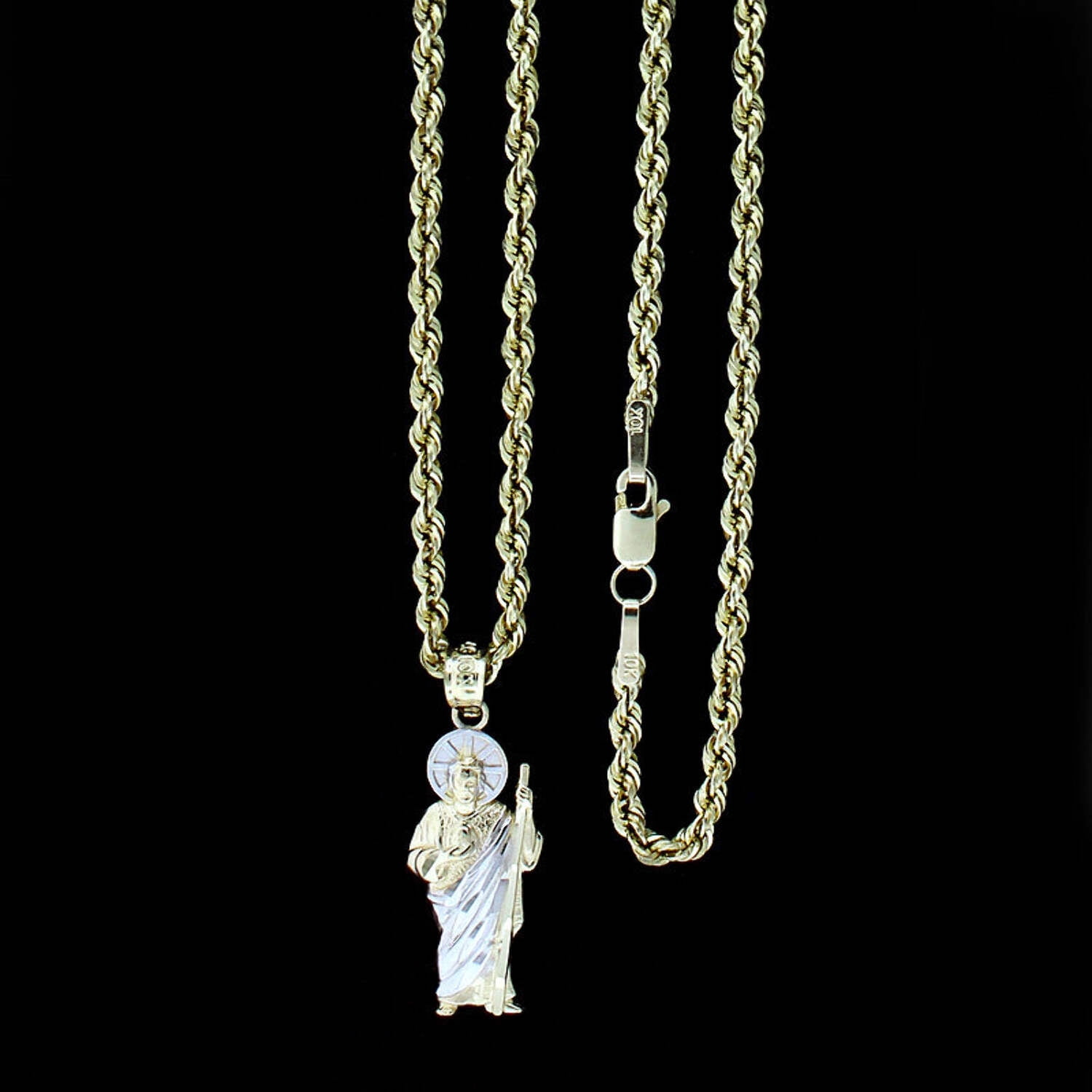 Mens 10K Yellow Gold Saint Jude San Judas Pendant With 2mm Rope Chain ...
