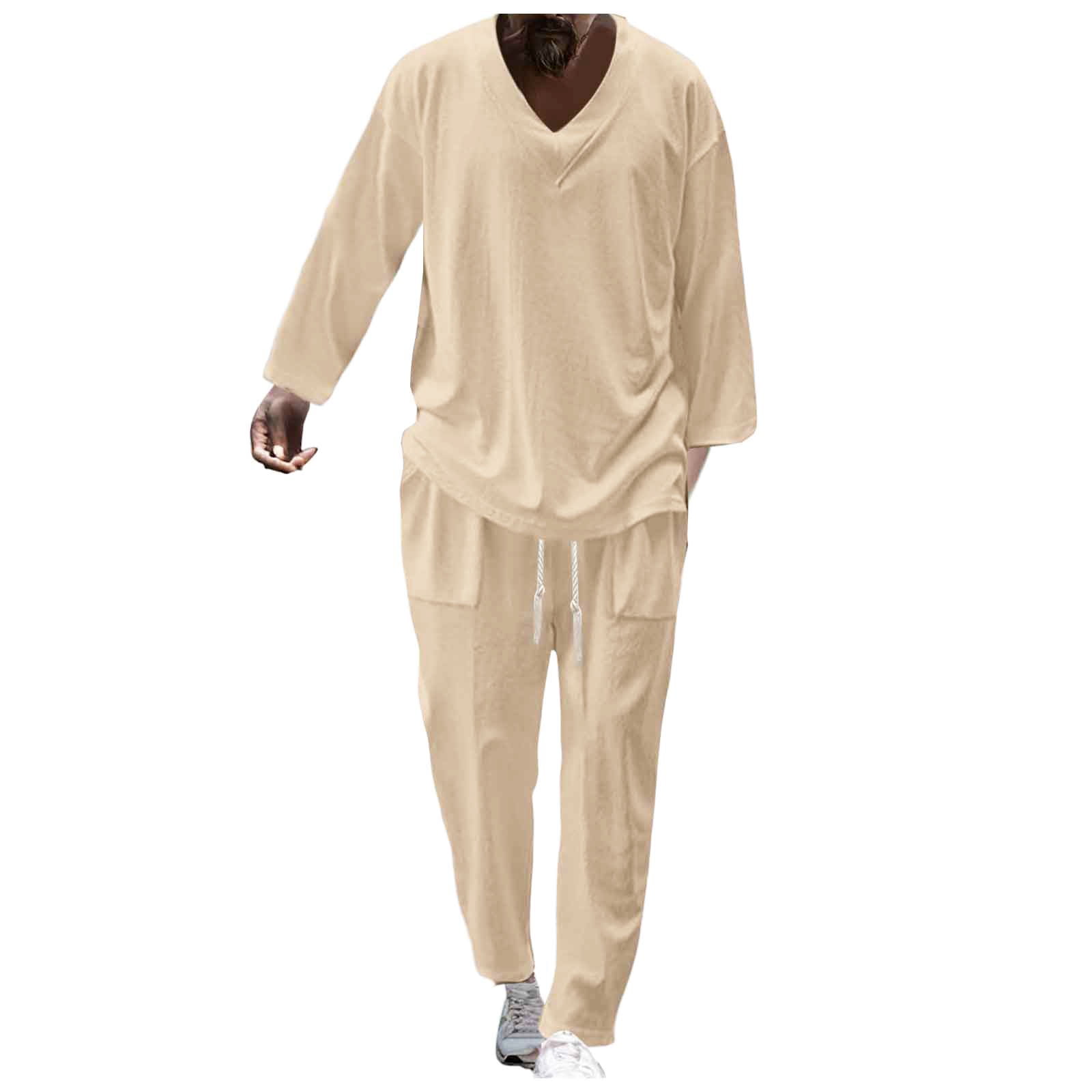 Mens 2 Piece Linen Outfits Long Sleeve Full Zip Summer Casual Shirts ...