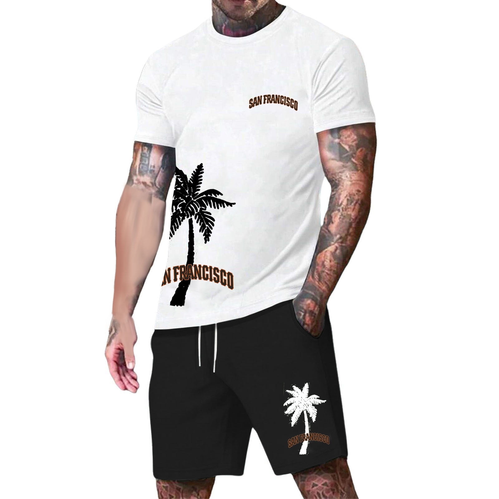 Mens 2 Piece Short Set Outfits Vintage Polo Shirt and Shorts Set Loose ...