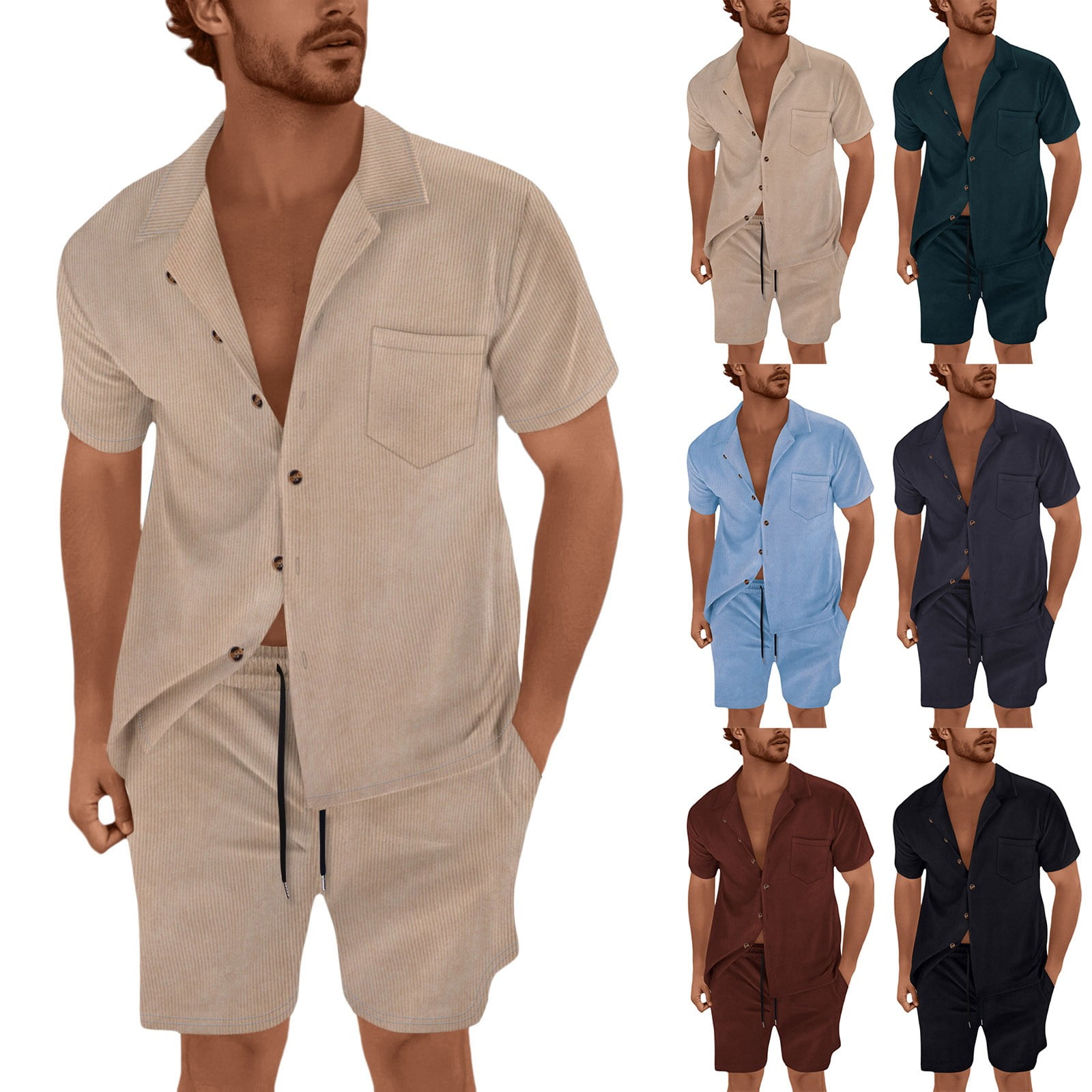 Mens 2 Pieces Short Sets Short Sleeve Casual Button Down Shirt Sets ...