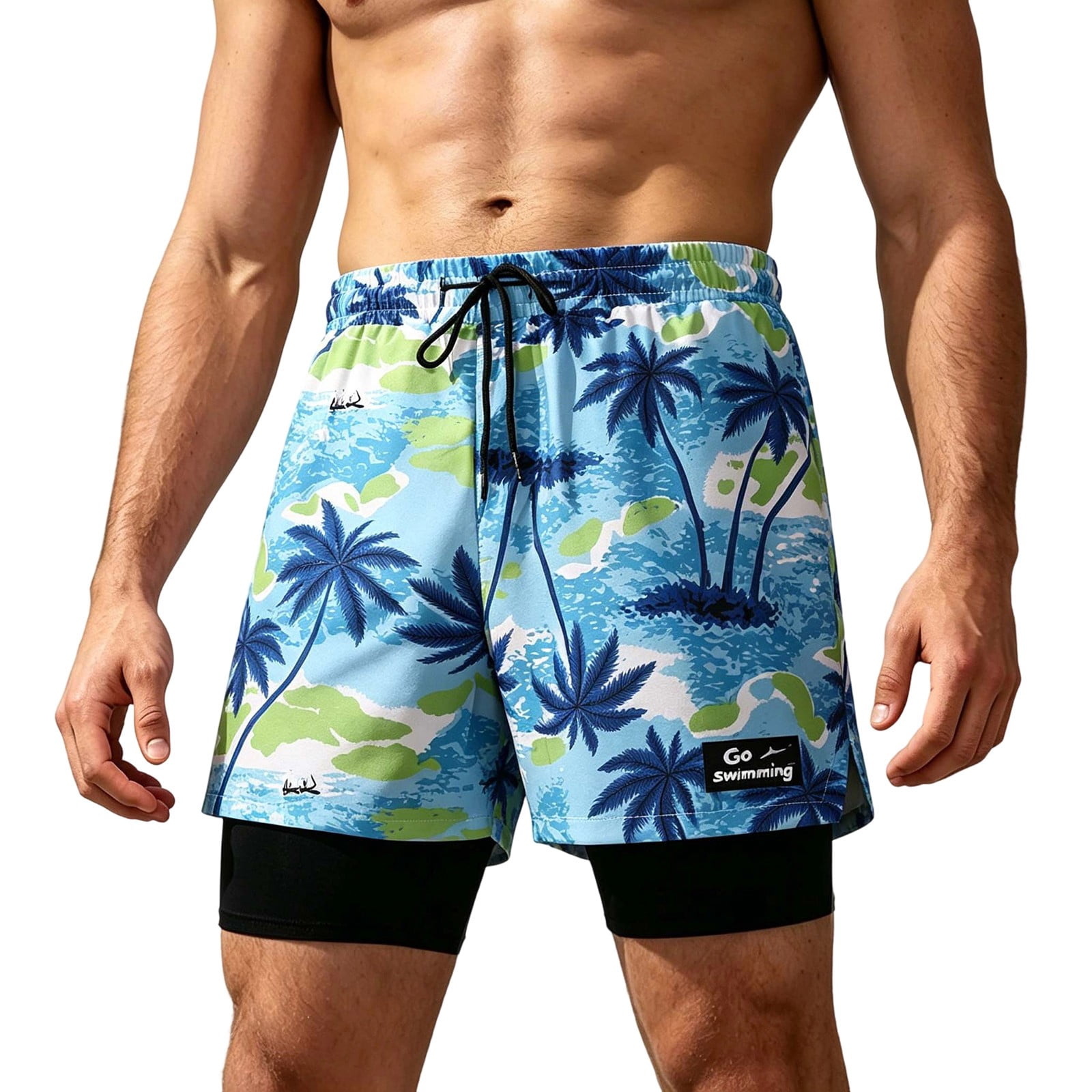 Mens 2 in 1 Swim Trunks with Compression Liner Summer Printed Quickly ...